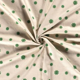 Tissu toile lin viscose écru fleur brodée vert