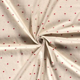 Tissu toile lin viscose écru pois brodé rouge